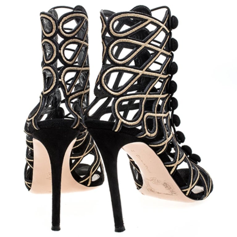 Gianvito Rossi Black/Gold Suede Cut Out Open Toe Button Strap Sandals ...