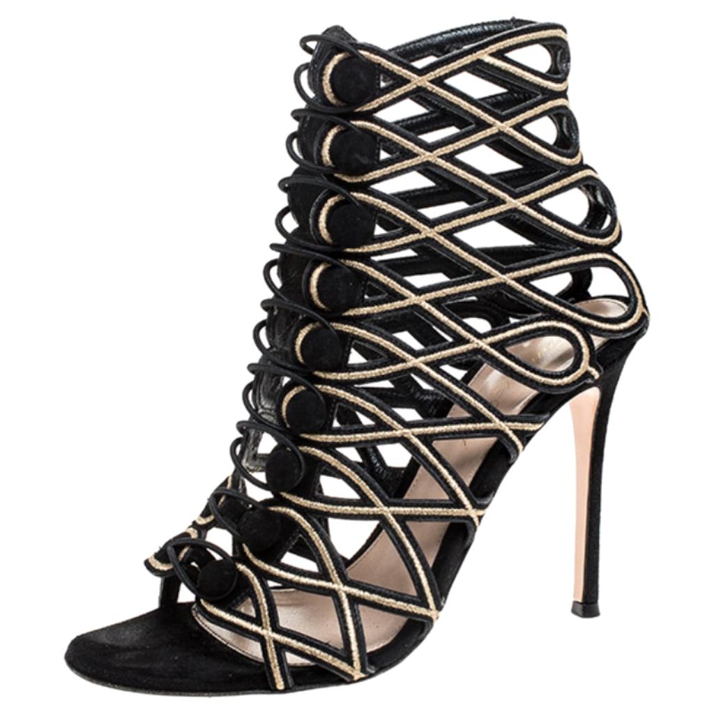 Gianvito Rossi Black/Gold Suede Cut Out Open Toe Button Strap Sandals ...