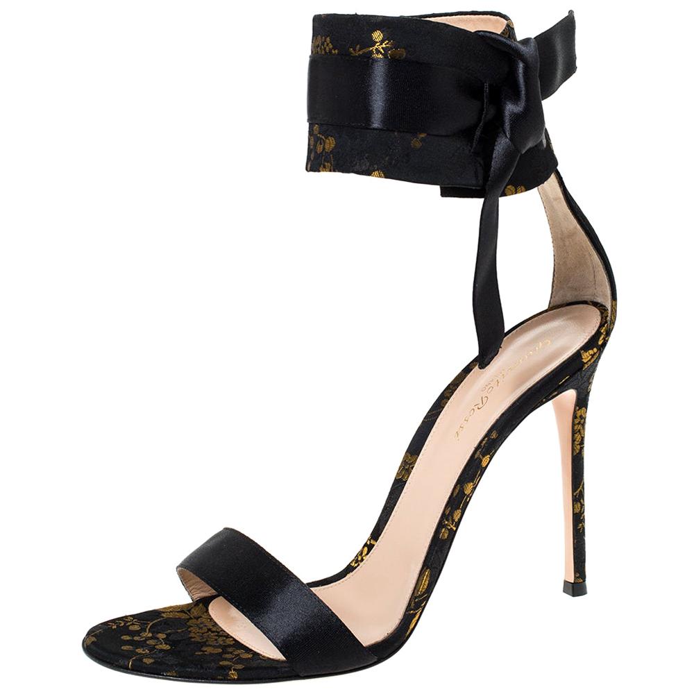 Gianvito Rossi Black/Gold Suede Cut Out Open Toe Button Strap Sandals ...
