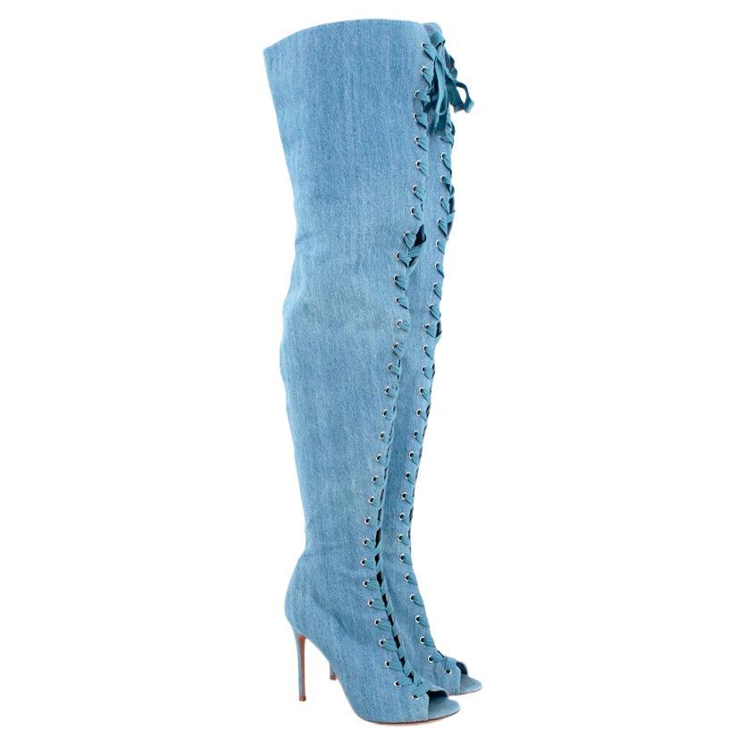 Gianvito Rossi Blue Denim Over The Knee Lace-Up Heeled Booties For Sale ...