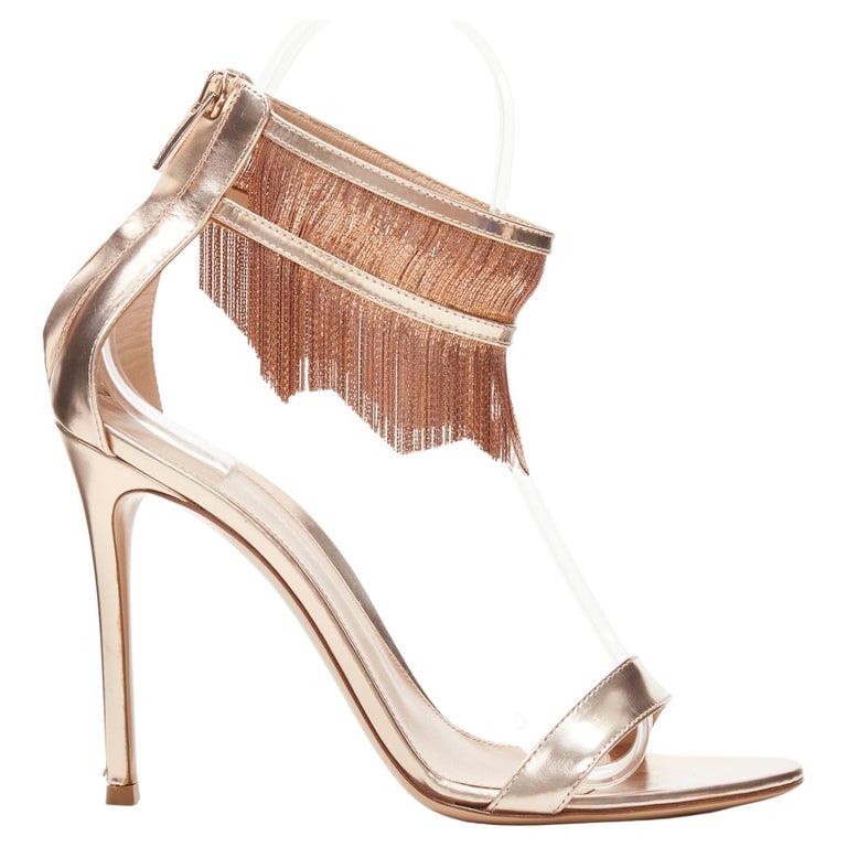 GIANVITO ROSSI Josephine copper metal fringe ankle strap high heel ...