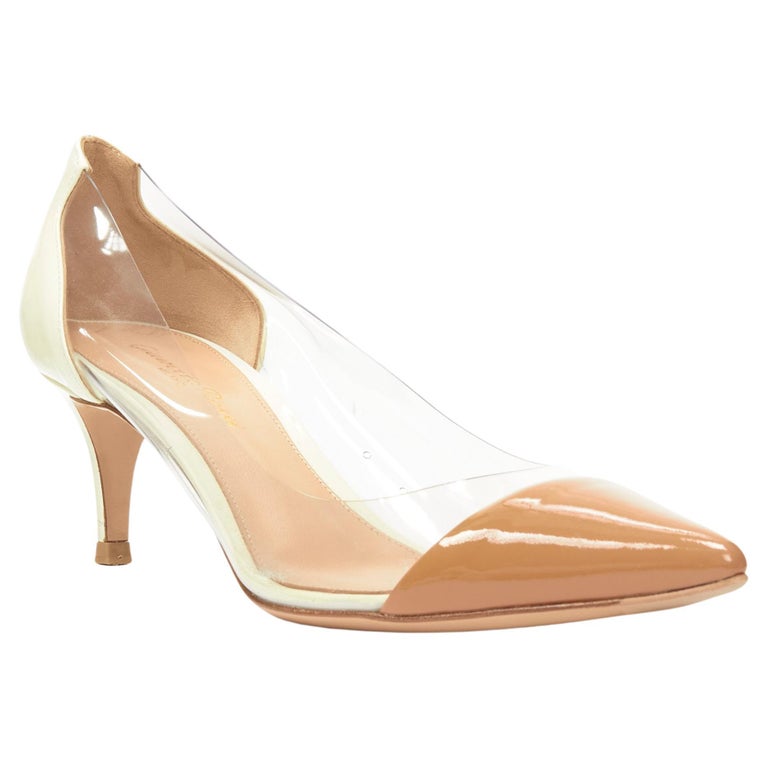 GIANVITO ROSSI Plexi Vernice Powder cream patent PVC toe cap heel pump ...