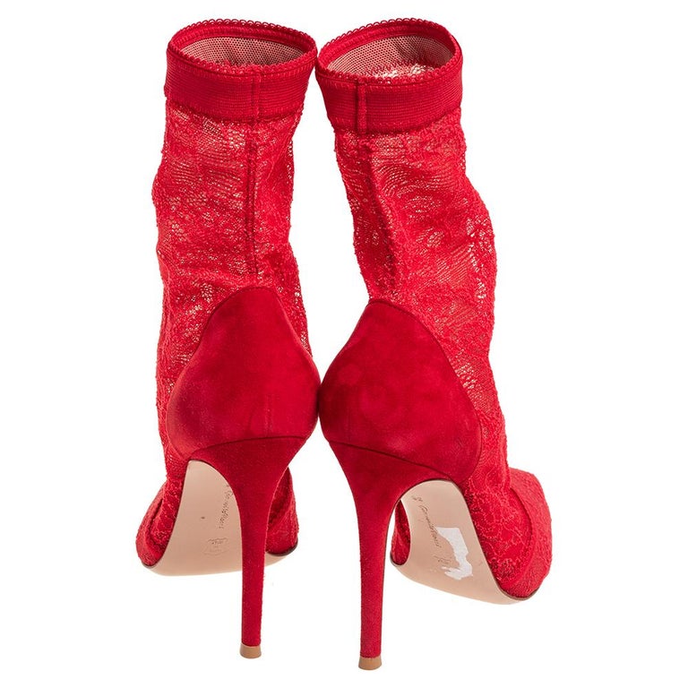 Gianvito Rossi Red Lace And Suede Pointed Toe Booties Size 38 For Sale ...
