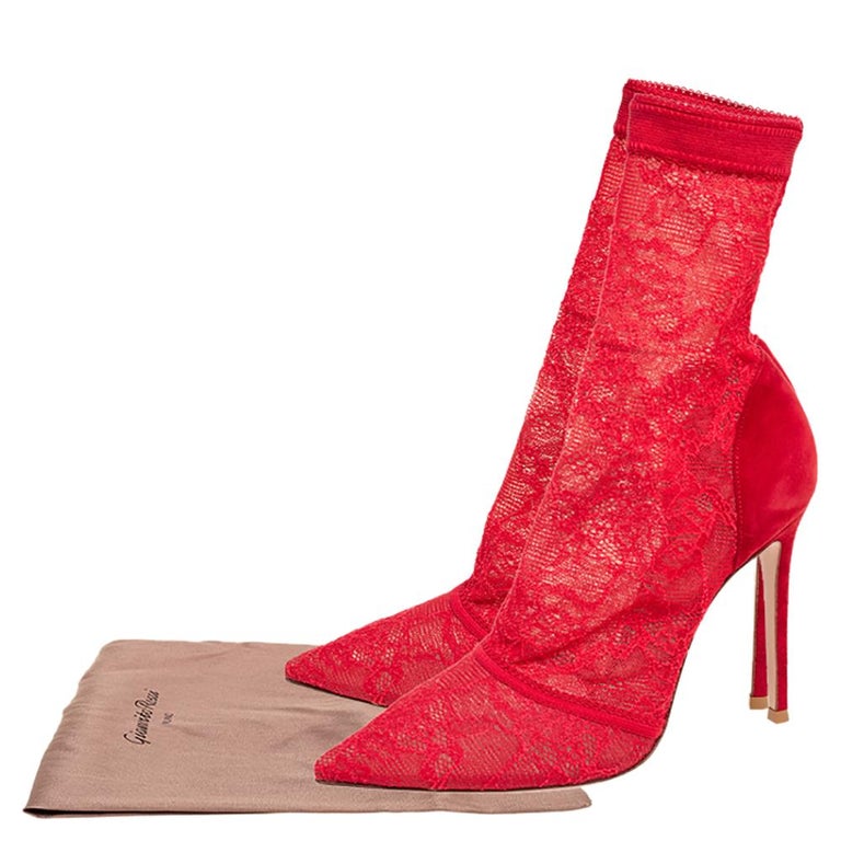 Gianvito Rossi Red Lace And Suede Pointed Toe Booties Size 38 For Sale ...