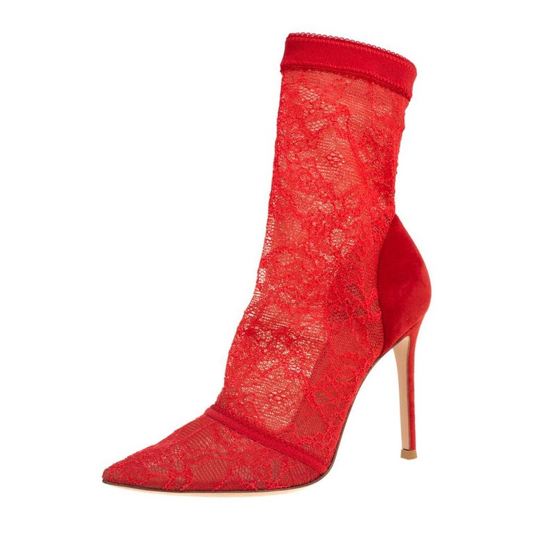 Gianvito Rossi Red Suede And Lace Pointed Toe Ankle Booties Size 36 at ...