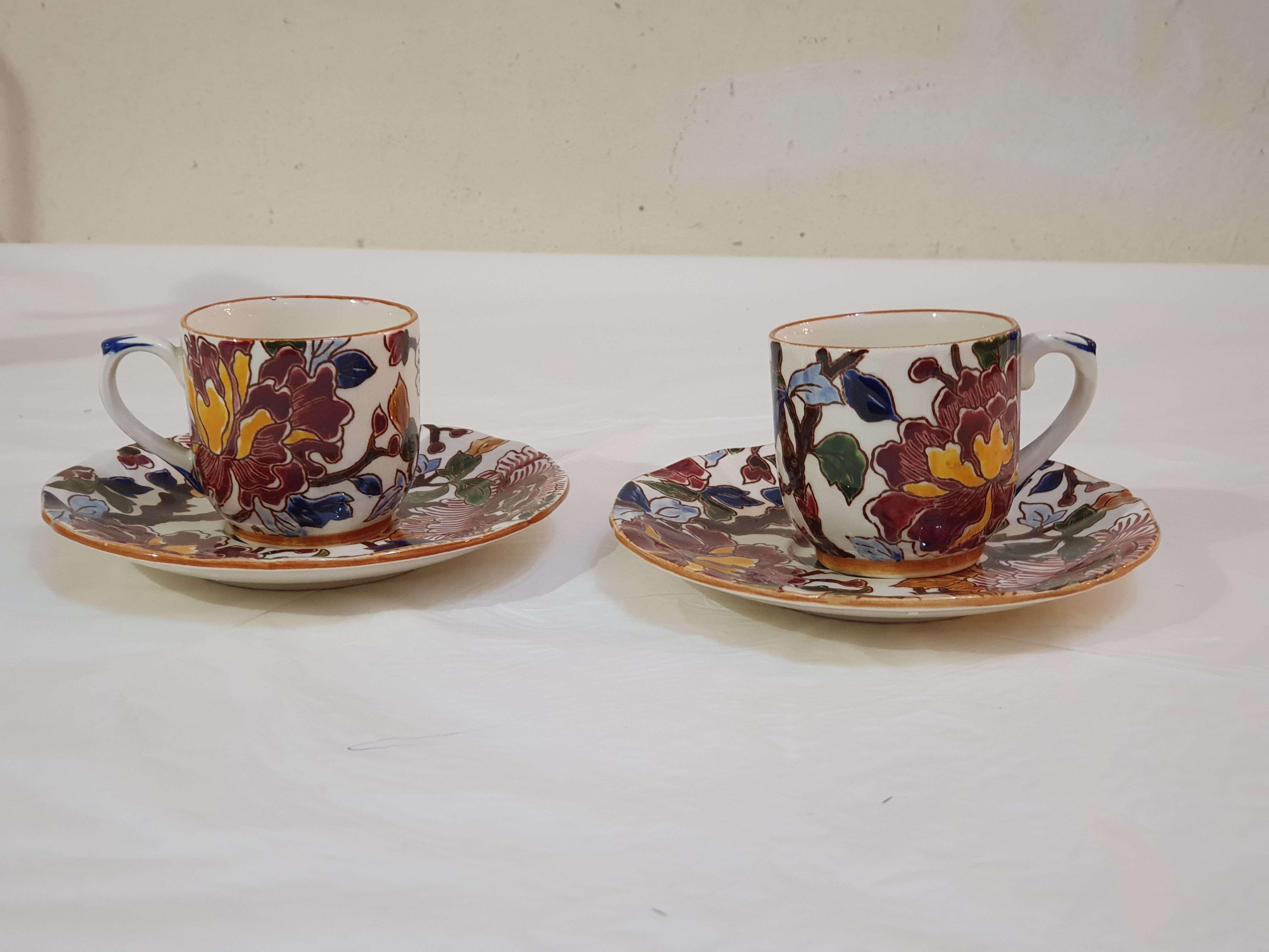 Gien French Hand-Painted Faience "Pivoines" Set of Two Coffee Cups and ...