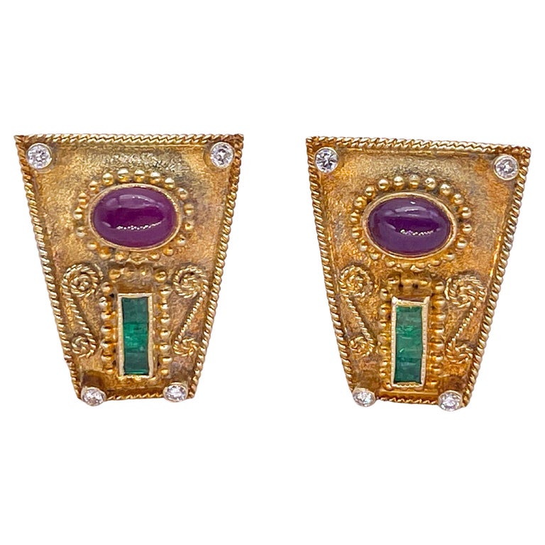 Gikas 18k Gold Earrings with Ruby, Emerald and Diamond Stones For Sale ...