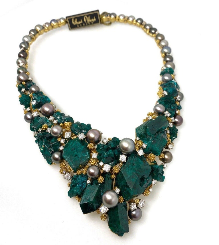 Gilbert Albert Diamond, Pearl and Dioptase Crystal Necklace in 18k Gold ...