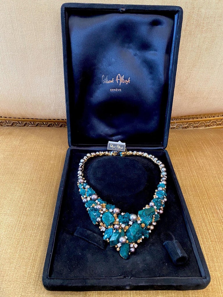 Gilbert Albert Diamond, Pearl and Dioptase Crystal Necklace in 18k Gold ...