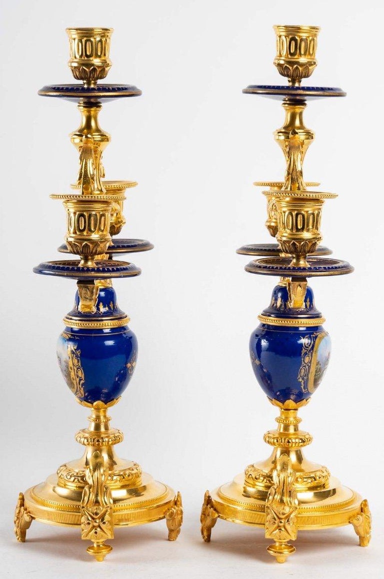 Gilded Bronze and Blue Porcelain Mantel Set For Sale at 1stDibs