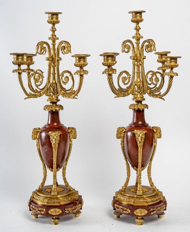 Gilded Bronze and Red Marble Mantel Set by Thiébaut Frère, Late 19th ...