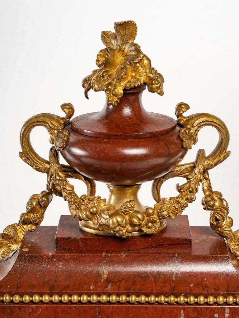 Gilded Bronze and Red Marble Mantel Set by Thiébaut Frère, Late 19th ...