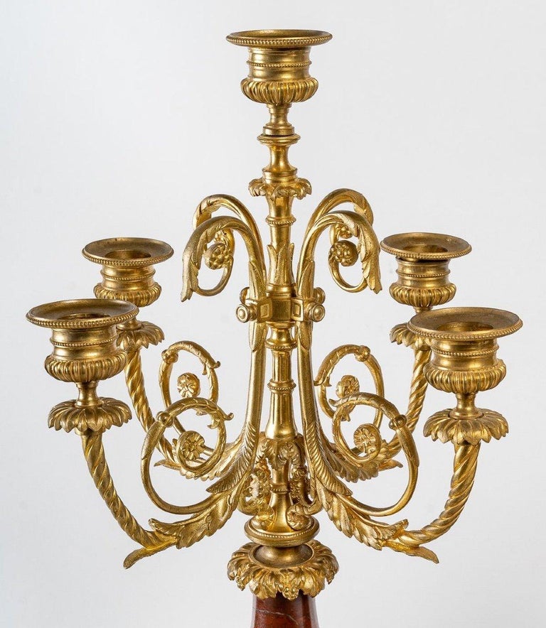 Gilded Bronze and Red Marble Mantel Set by Thiébaut Frère, Late 19th ...