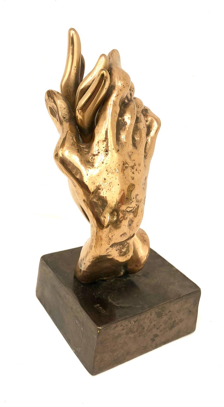 Gilded Bronze Hands Sculpture by French Artist Yves Lohe Signed at 1stDibs