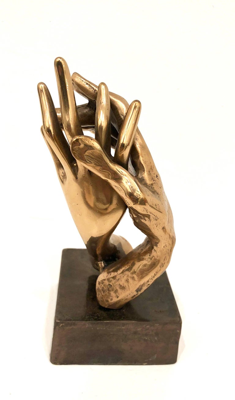 Gilded Bronze Hands Sculpture by French Artist Yves Lohe Signed at 1stDibs