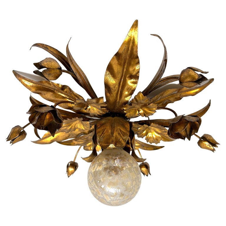 Gilded Gilt Metal Leafs Rose Flower Tole Hollywood Regency Flush Mount ...