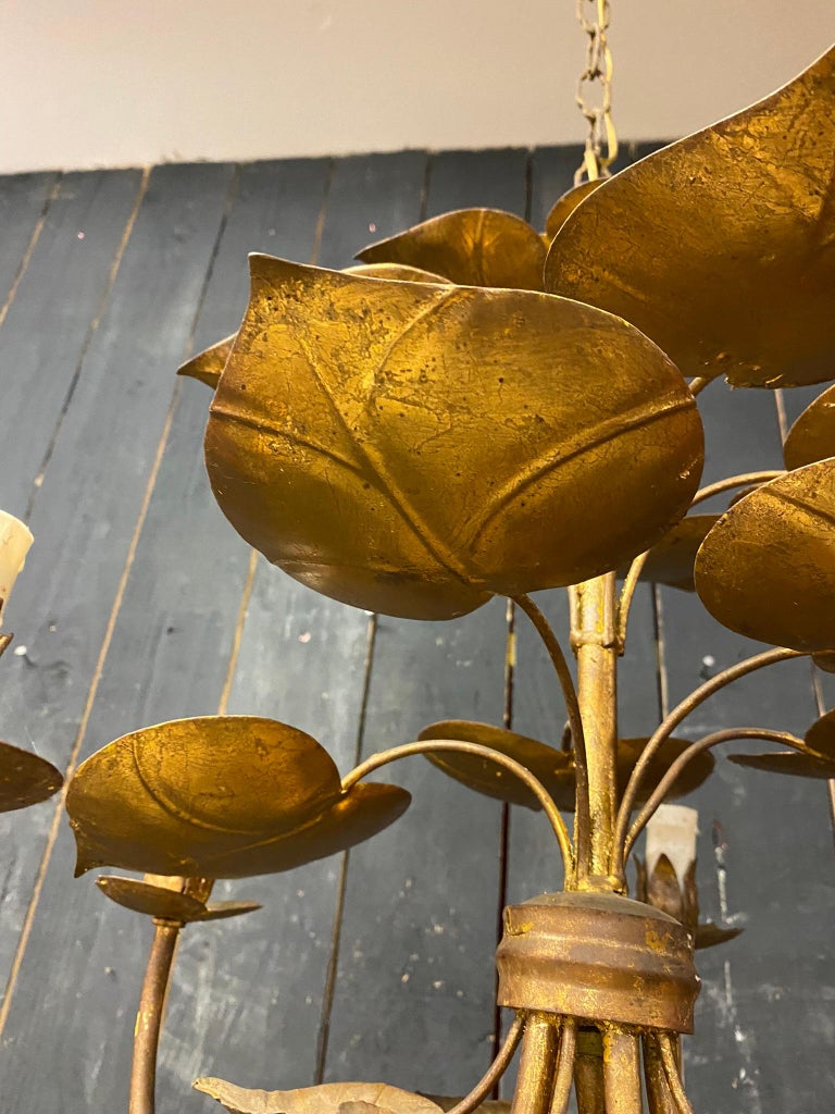 Gilded Metal Chandelier Decorated with Metal Leaves, circa 1960 For ...