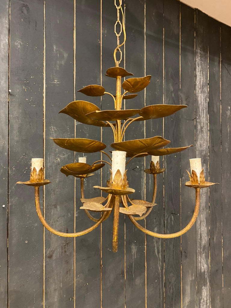 Gilded Metal Chandelier Decorated with Metal Leaves, circa 1960 For ...