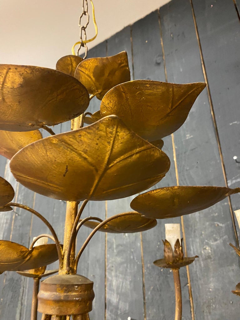 Gilded Metal Chandelier Decorated with Metal Leaves, circa 1960 For ...