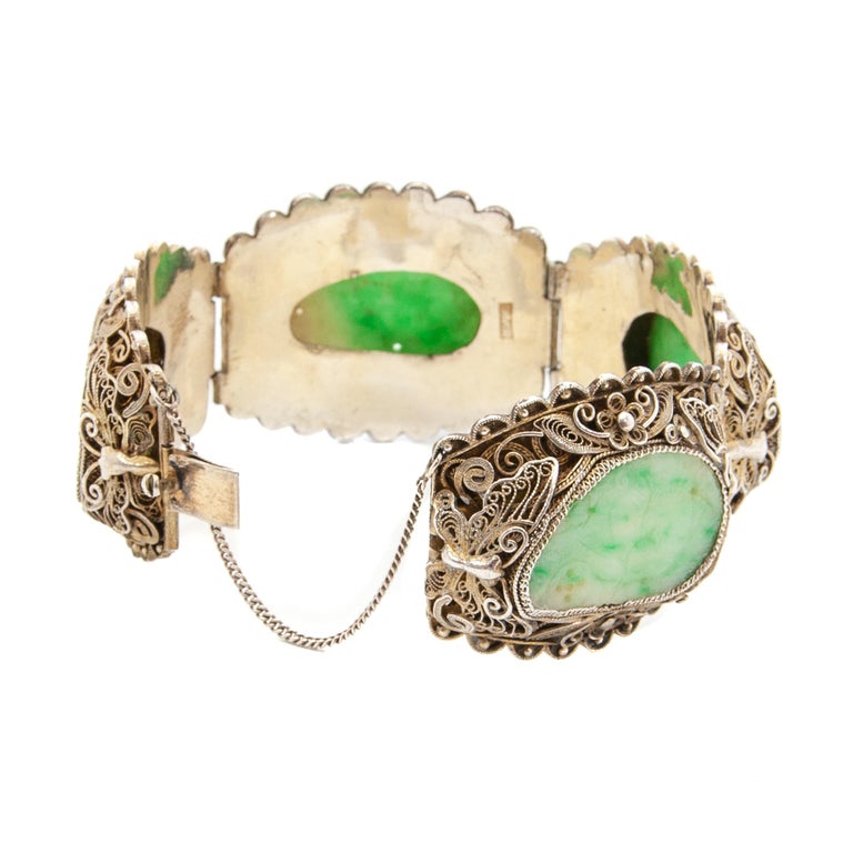Vintage Carved Jade Gilded Silver Link Bracelet For Sale at 1stDibs