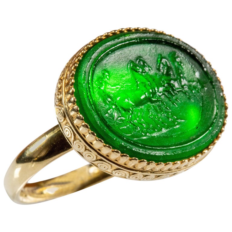 Gilded Silver Ring Green Glass Paste Quadriga Cameo Etruscan Jewelry ...