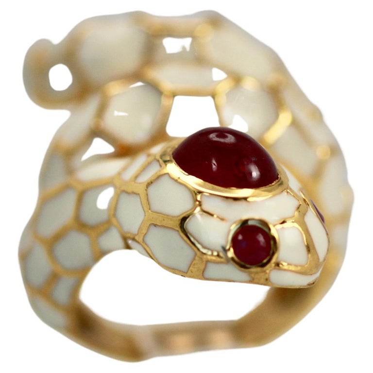 Gilded Silver White Enamel Snake Ring Ruby Head For Sale at 1stDibs