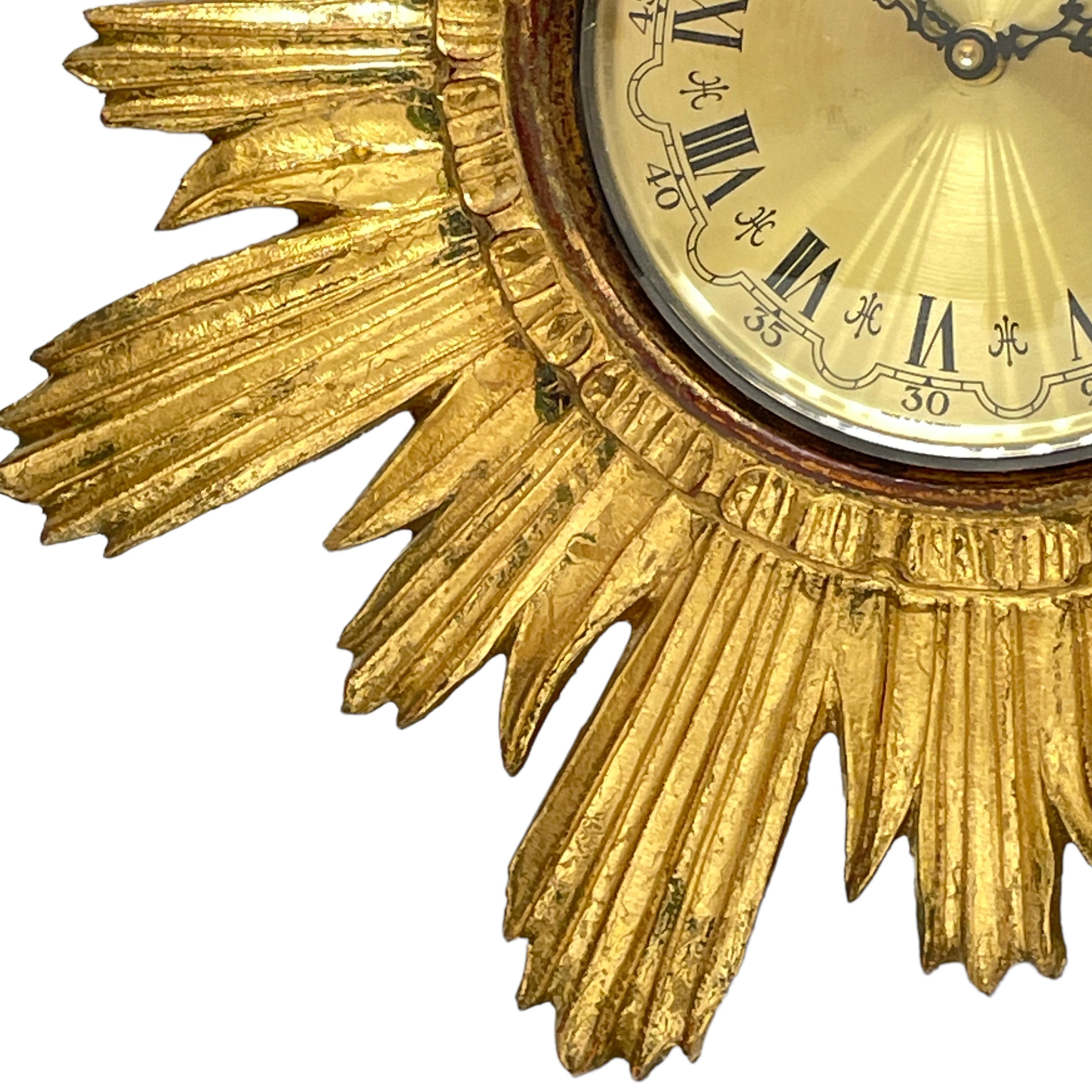 Gilded Vintage Mid-Century Sunburst Starburst Wall Clock, Germany ...