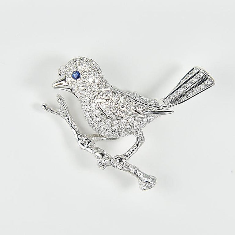 Gilin Bird Brooch with Diamond and Sapphire in 18 Karat White Gold at ...