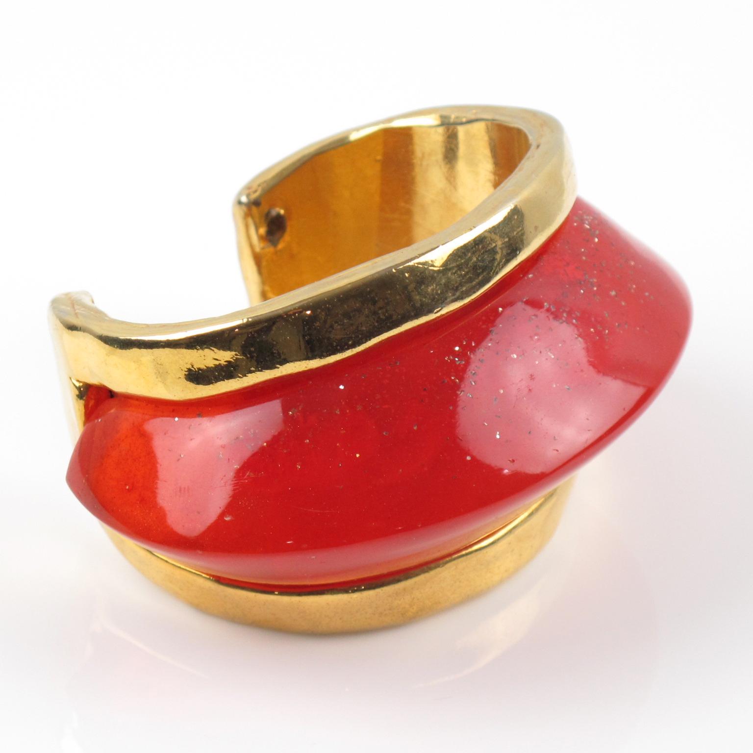 Gilt and Orange Resin Oversized Cuff Bracelet For Sale at 1stDibs