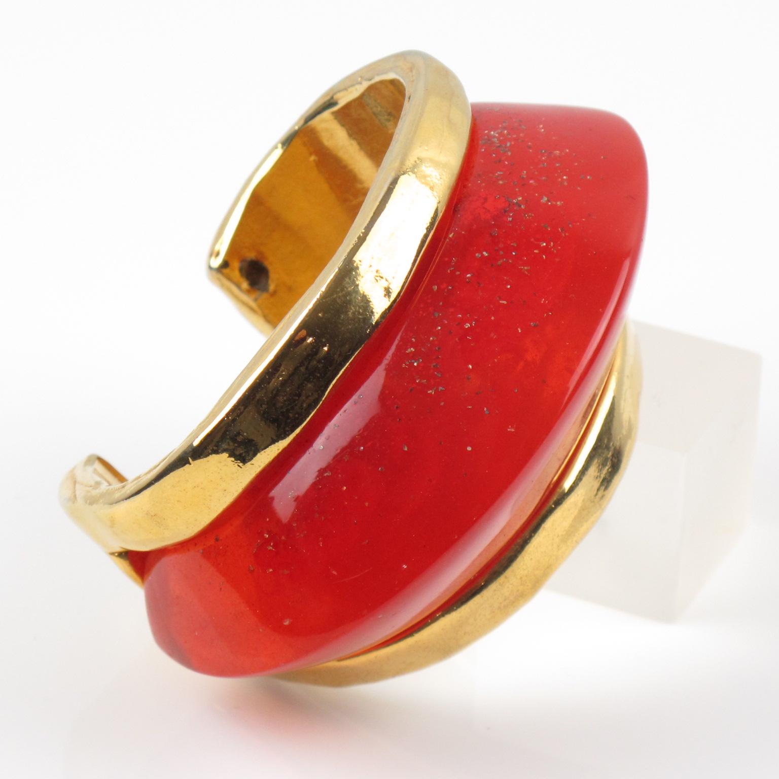 Gilt and Orange Resin Oversized Cuff Bracelet For Sale at 1stDibs