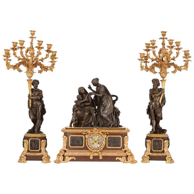 Gilt and Patinated Bronze Antique French Clock Set by Picard For Sale ...
