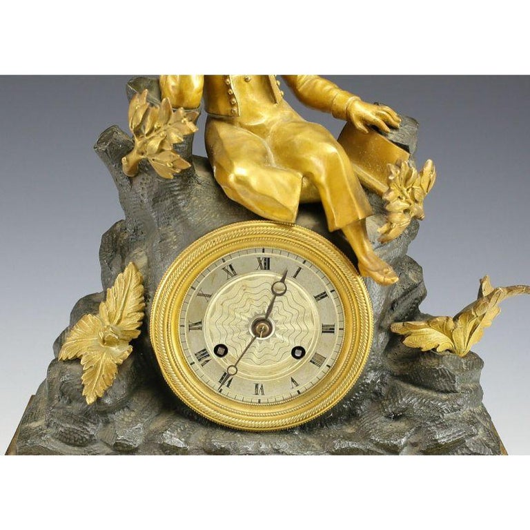 Gilt and Patinated Bronze Mantle Clock, Seated Man on Rocky Crag, 19th ...