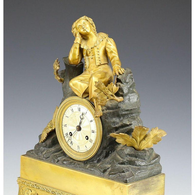 Gilt and Patinated Bronze Mantle Clock, Seated Man on Rocky Crag, 19th ...