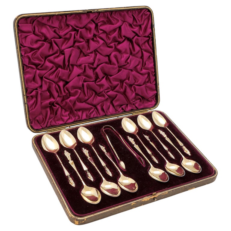 Gilt Antique Sterling Silver 'Apostle' Tea Spoons and Tongs, Sheffield ...