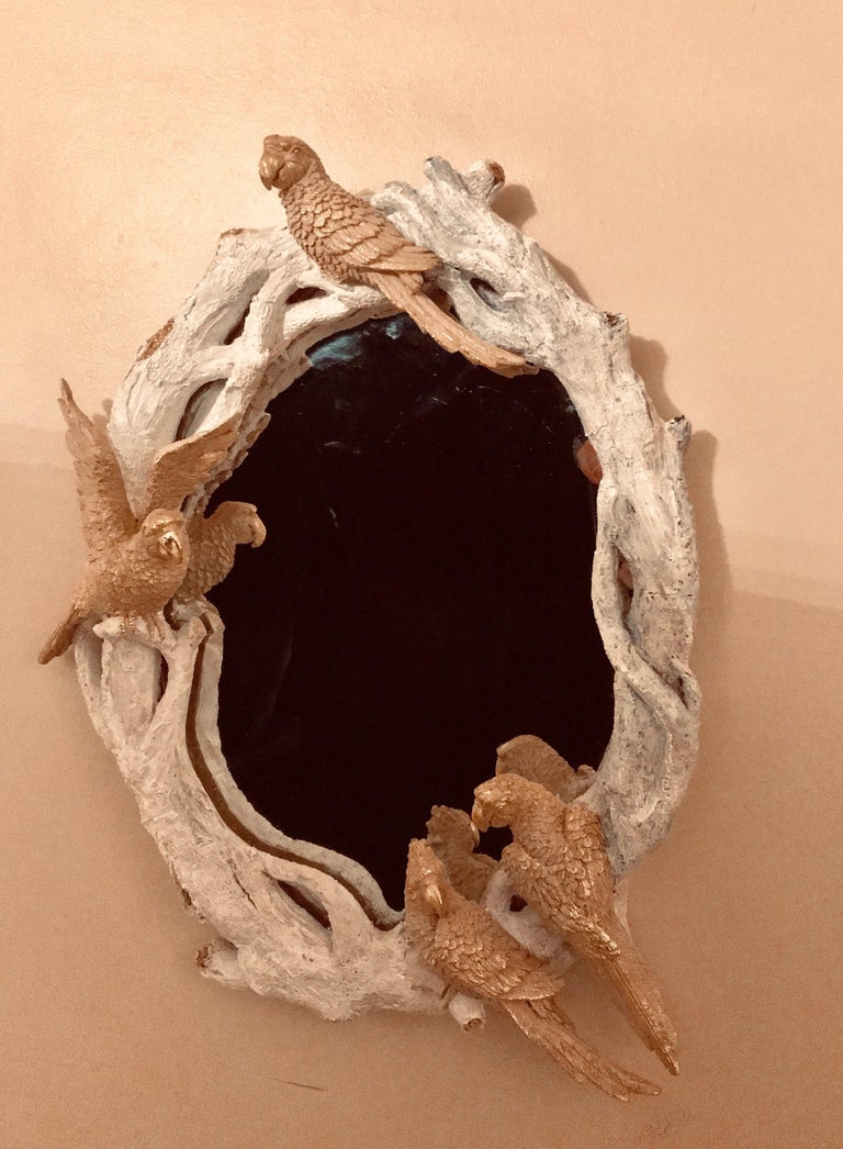 Gilt Birds on Whitewash Branches Oval Wall Mirror-Unique Beauty, 1980s ...