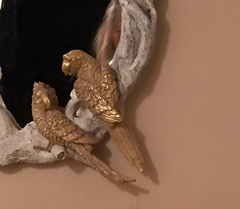 Gilt Birds on Whitewash Branches Oval Wall Mirror-Unique Beauty, 1980s ...