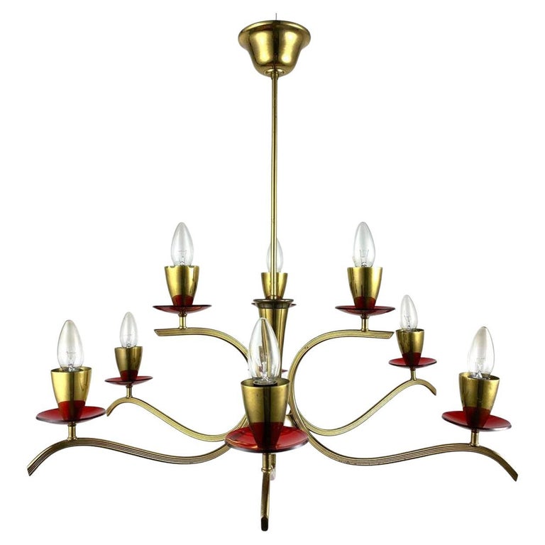 Gilt Brass Chandelier With Red Decorated Elements Italian Pendant ...