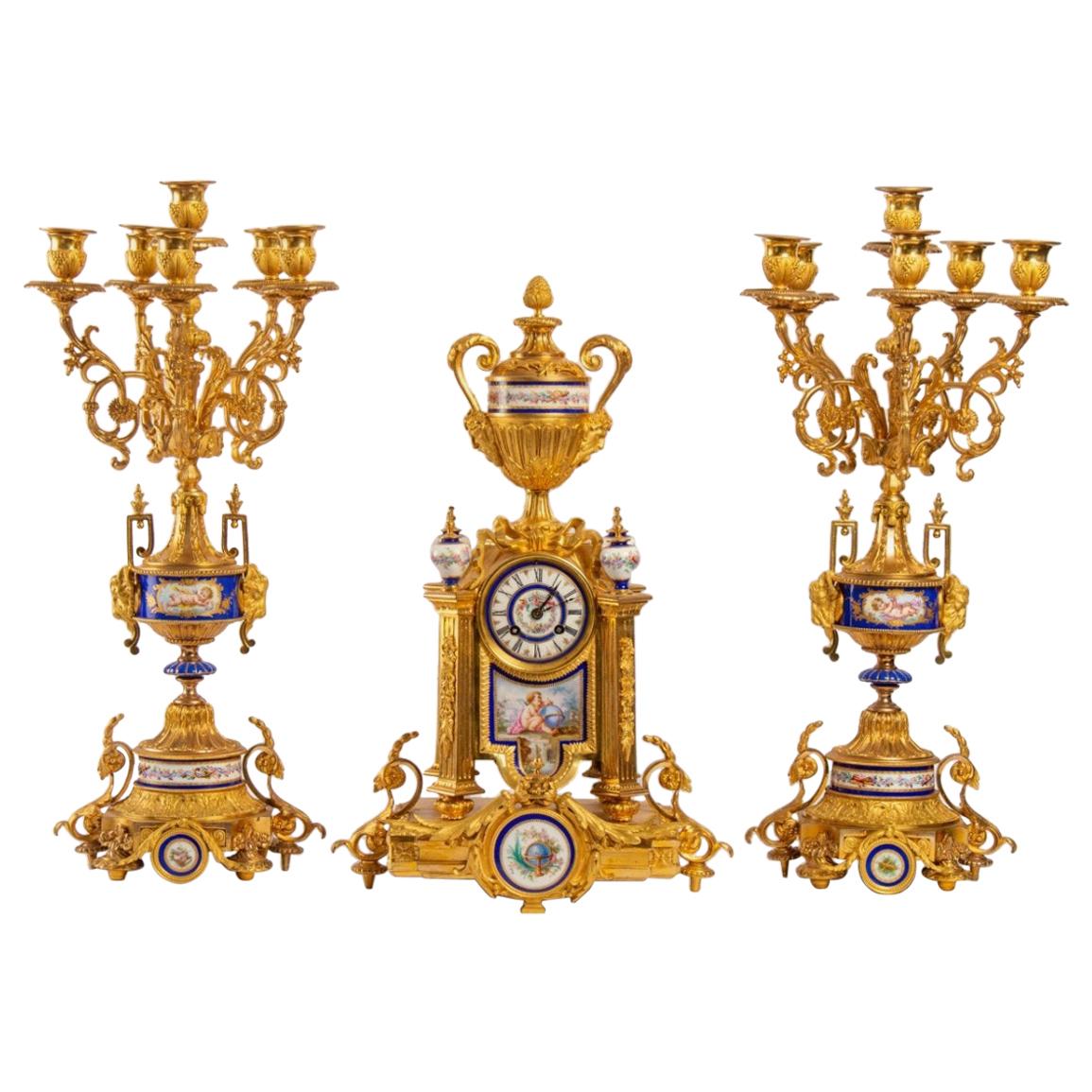 Gilt Bronze and Porcelain Mantel Set, Late 19th Century at 1stDibs
