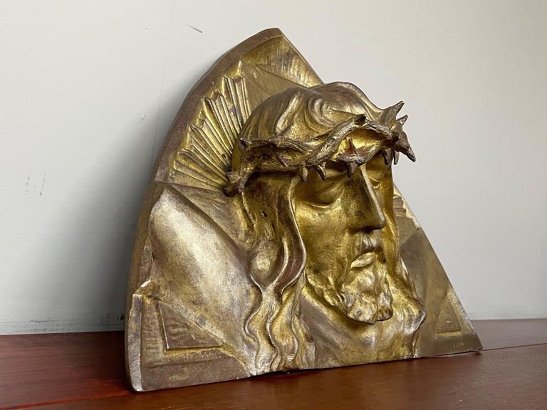 Gilt Bronze Art Deco Wall Sculpture of Christ with Crown of Thorns by S ...