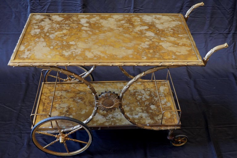 French Gilt-Bronze Bar Cart with Gold Églomisé Tops attr. to Bagues For ...