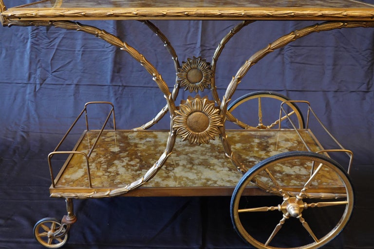 French Gilt-Bronze Bar Cart with Gold Églomisé Tops attr. to Bagues For ...