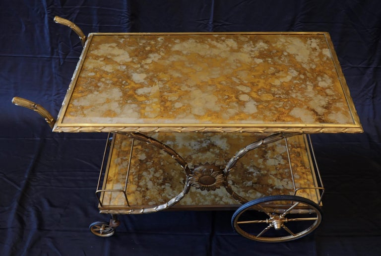 French Gilt-Bronze Bar Cart with Gold Églomisé Tops attr. to Bagues For ...