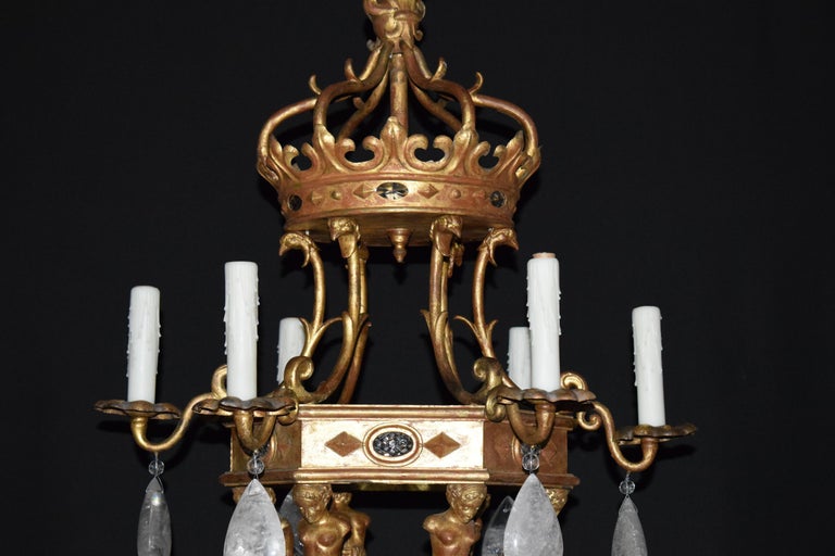 Gilt Bronze Chandelier with Rock Crystal Pendalogues For Sale at 1stDibs