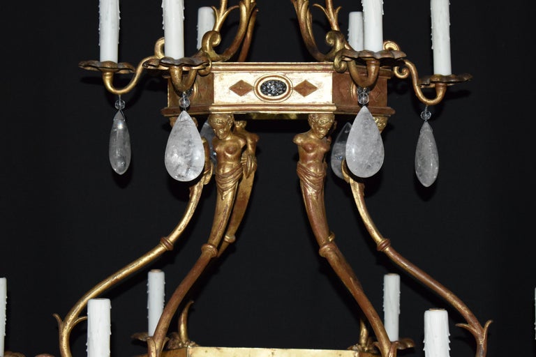 Gilt Bronze Chandelier with Rock Crystal Pendalogues For Sale at 1stDibs