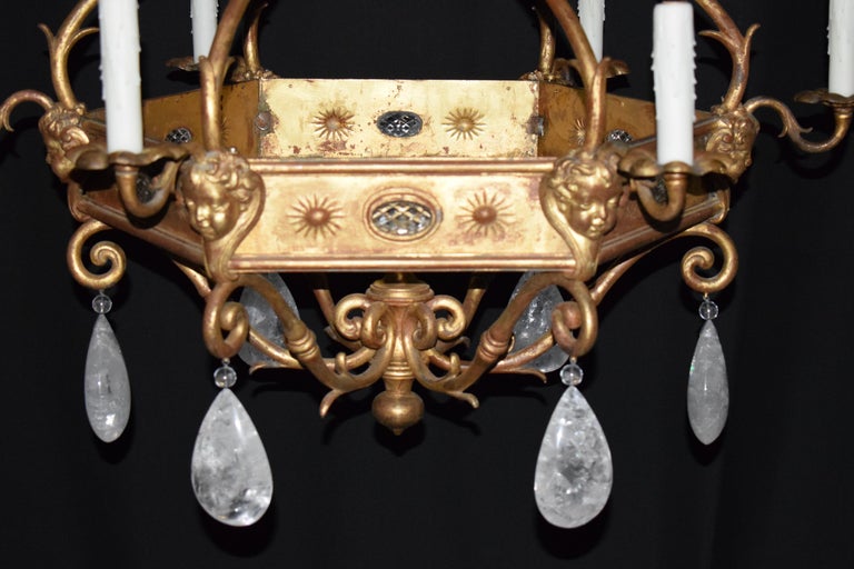 Gilt Bronze Chandelier with Rock Crystal Pendalogues For Sale at 1stDibs