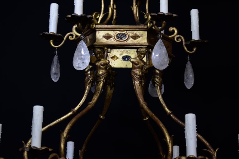 Gilt Bronze Chandelier with Rock Crystal Pendalogues For Sale at 1stDibs