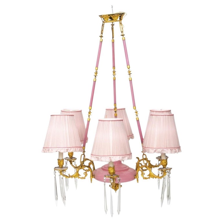 Gilt Bronze and Pink Milk Glass 6 Arm Chandelier For Sale at 1stDibs