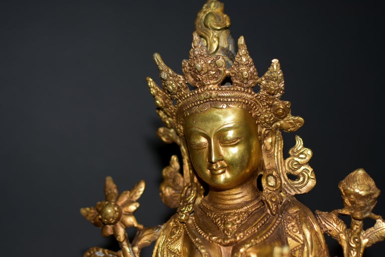 Gilt Bronze Tibetan Green Tara Statue For Sale at 1stDibs