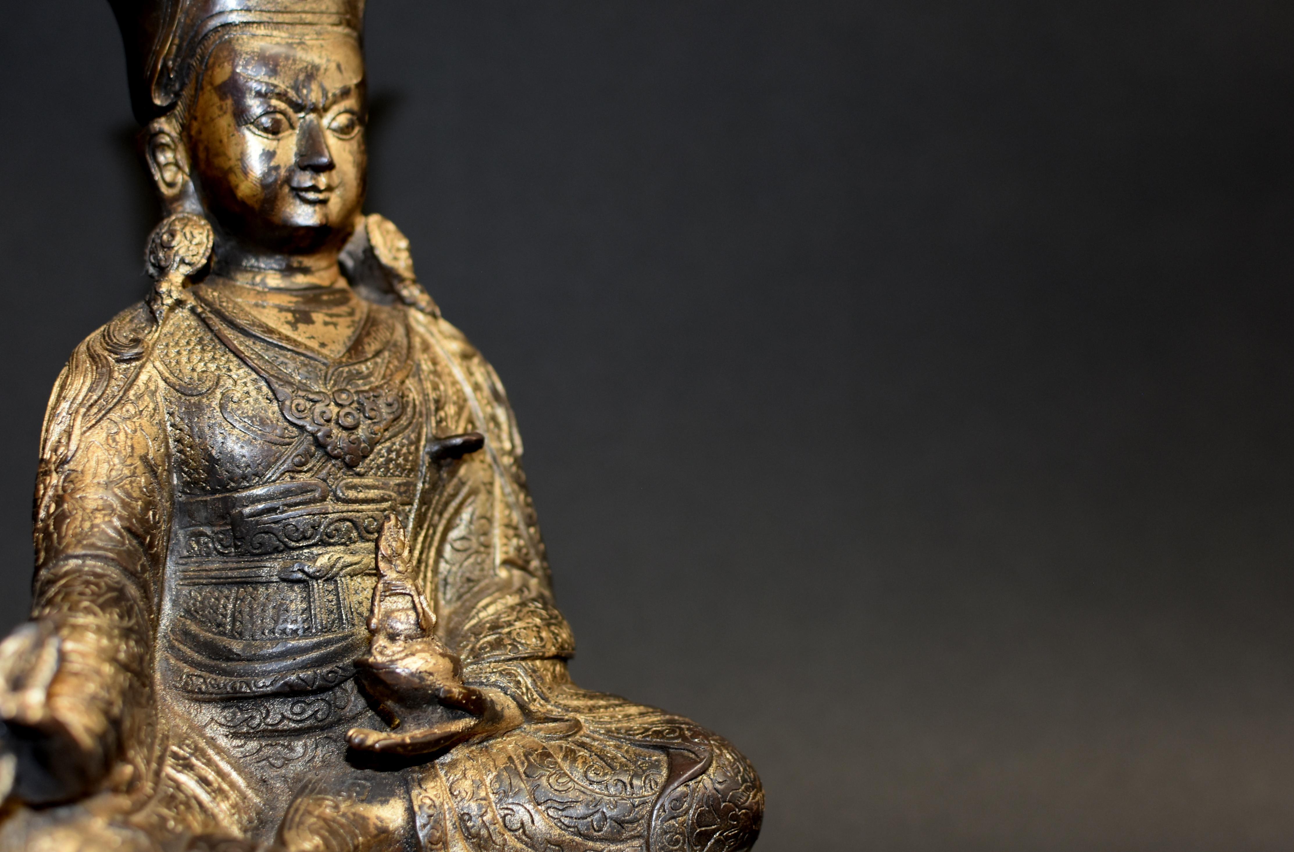 Gilt Copper Tibetan Statue of Teacher Padma Sambhav For Sale at 1stDibs