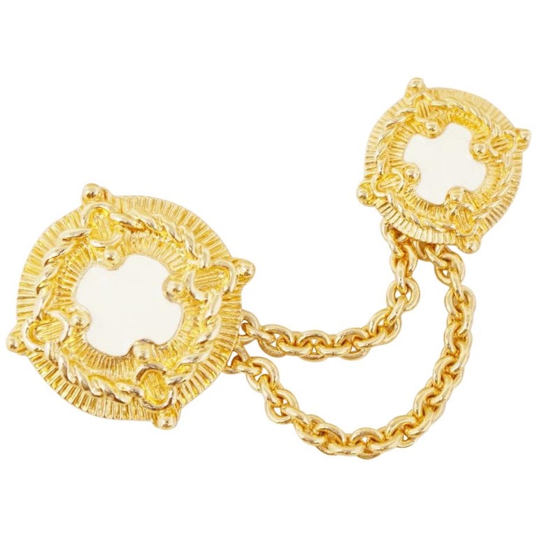 Gilt and Cream Enamel Collar Chain Brooch / Cardigan Clip by St. John ...
